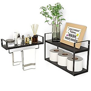 ZGO 2+1 Tier Floating Shelves Wall Mounted Set of 2, Rustic Wood Wall Shelves with Metal Frame Tissue Rack and Towel Bar for Bedroom, Bathroom, Living Room, Kitchen, Storage & Decoration, Black