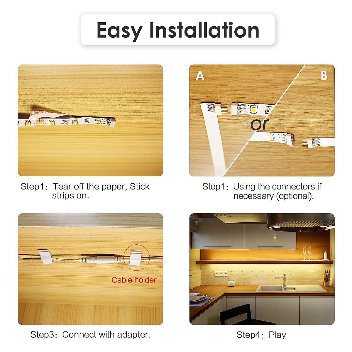 WOBANE Under Cabinet LED Lighting kit, 6 PCS LED Strip Lights with Remote Control Dimmer and Adapter, Dimmable for Kitchen Cabinet,Counter,Shelf,TV Back,Showcase 2700K Warm White,Bright 1500lm,Timing