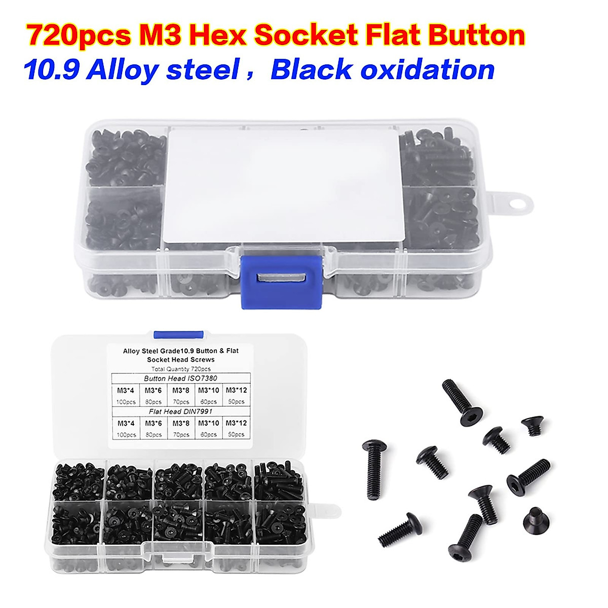720PCS M3 Hex Bolt Screw Assorted M3x4mm 6mm 8mm 10mm 12mm Black Alloy Steel Pan & Flat Head Hex Socket Screws with Plastic Box