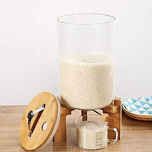 LOVEJO Rice Dispenser Airtight Glass Container with Bamboo Lid, Large Food Storage with Lids for Rice Grains Beans, Sugar Flour Container 20 lbs, Kitchen Countertop Cereal Cup Organizer 5L