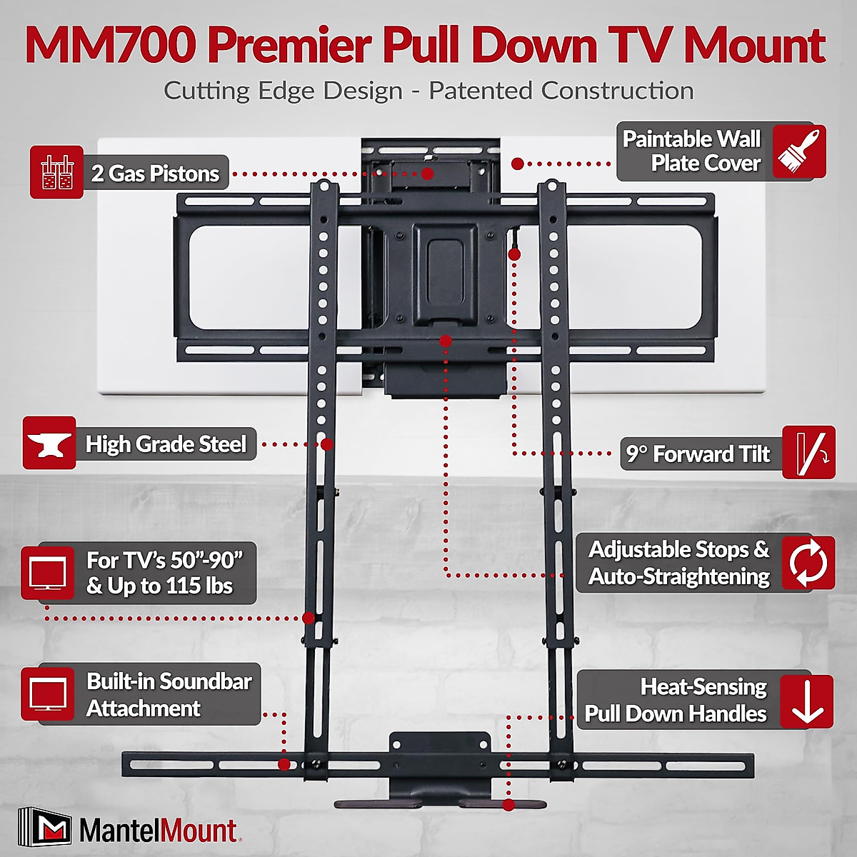 MantelMount MM700 Premier Fireplace TV Mount Pull Down Bracket for 50"-90" & 25-115 lb Televisions Above Mantel