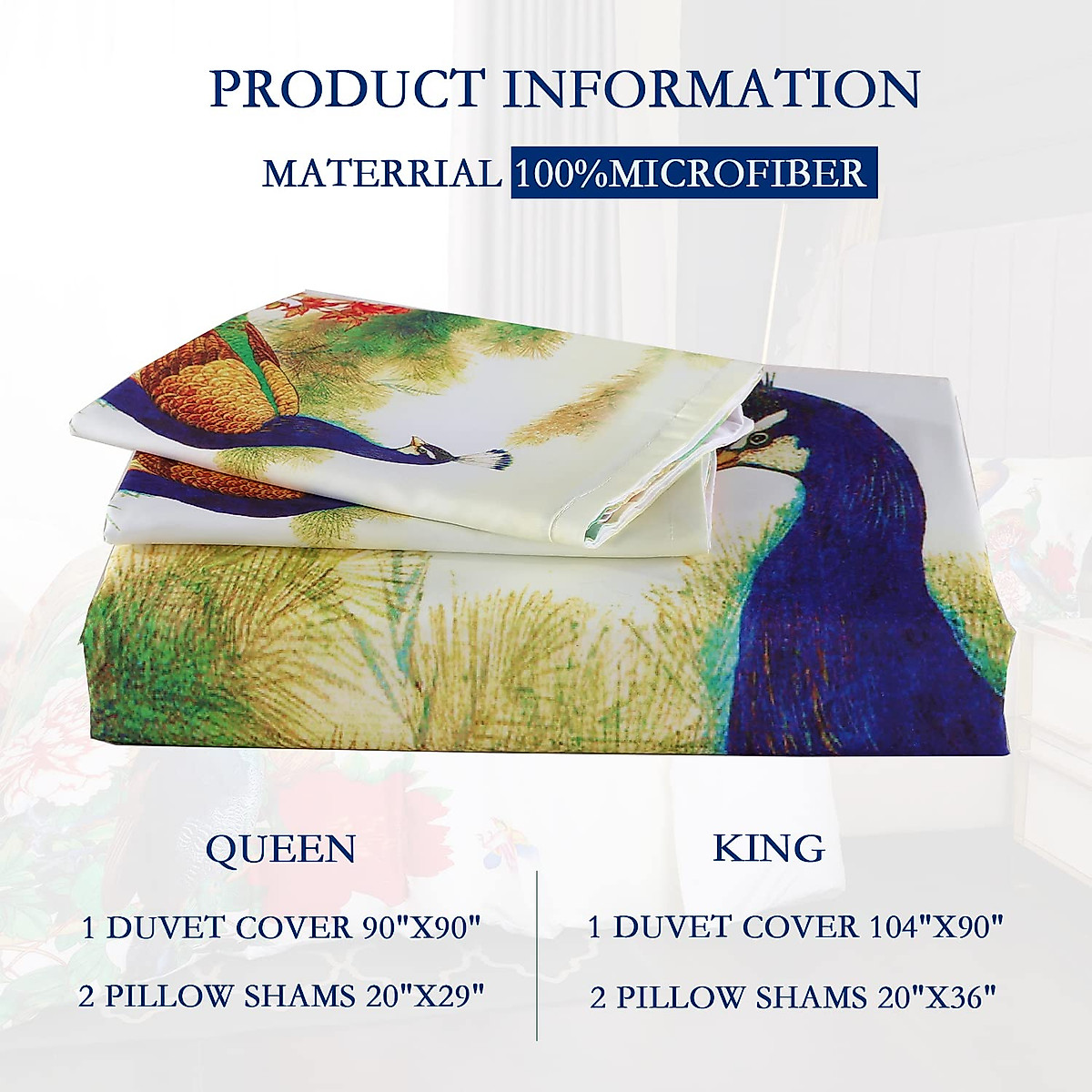 YGNNIU Peacock Duvet Cover Queen Size Floral Pattern Bedding Set Retro Chinese Style Peacock Floral Theme Duvet Cover (1 Duvet Cover and 2 Pillowcases) with Hidden Zipper