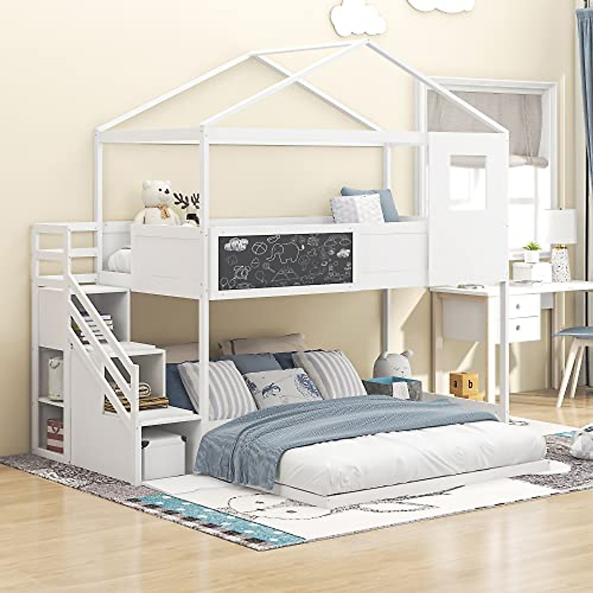 DEYOBED Twin Over Full House Shaped Wooden Bunk Bed with Storage Staircase, Shelves and Blackboard for Kids Teens