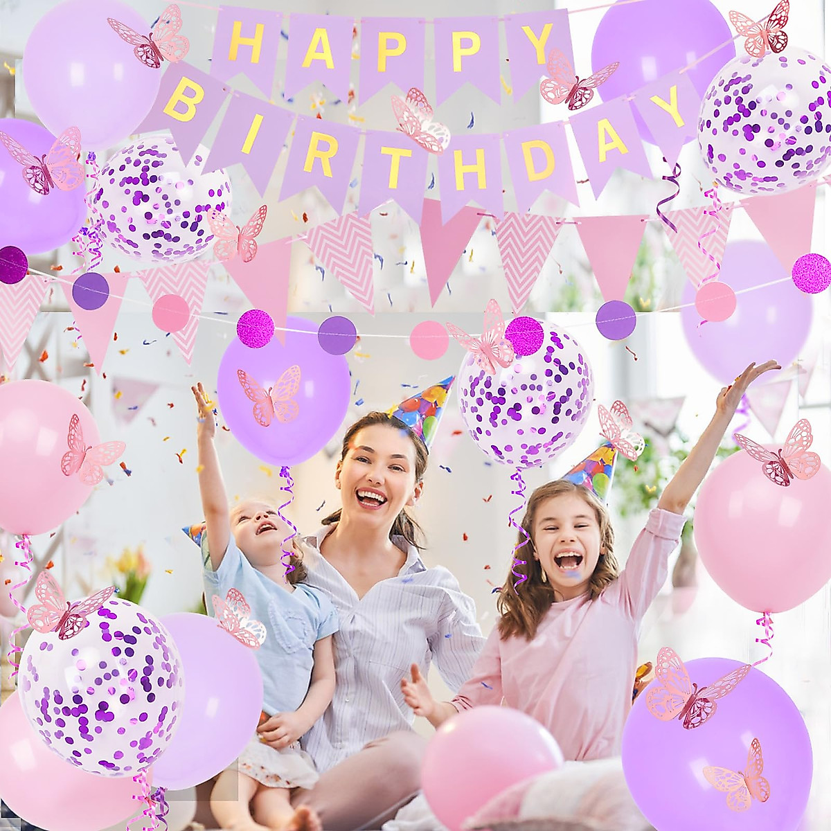 Purple and Pink Birthday Decorations, Purple Happy Birthday Banner for Girl Women with Balloons, Pennant Banner Flags, Butterfly Decorations and Circle Dot Paper Garland