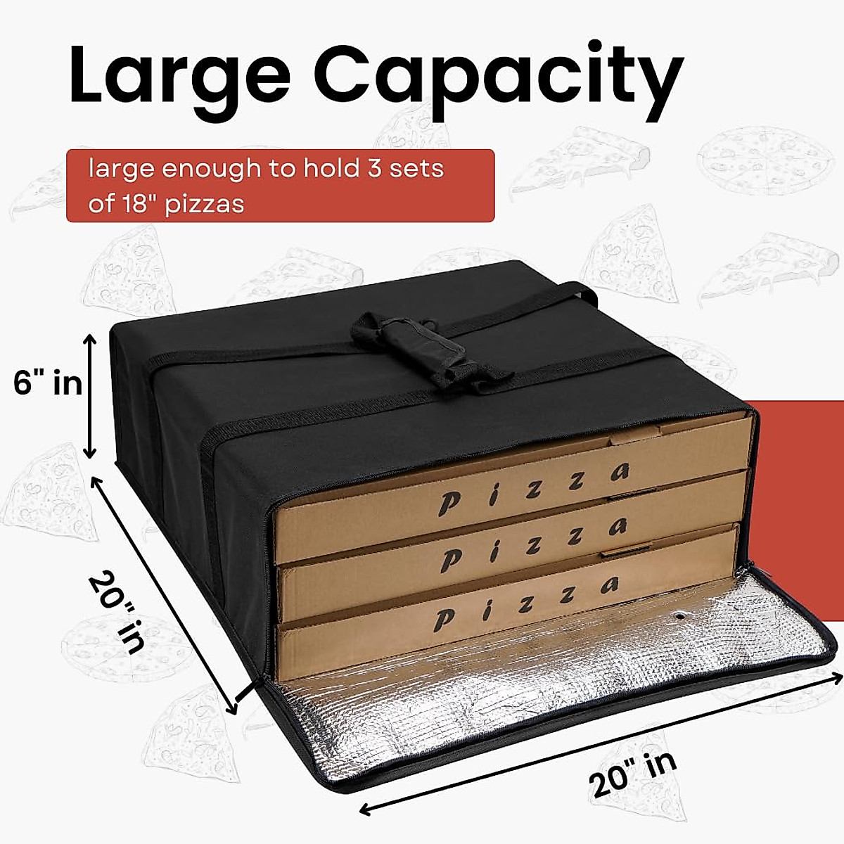 TOGETRUE Pizza Bag, Insulated Pizza Bags for Delivery Carry Hot, Large Pizza Food Delivery Bag for Doordash, Uber Eats, Pizza Warmer Bags for Personal Use, 20 x 20 (Basic Black)