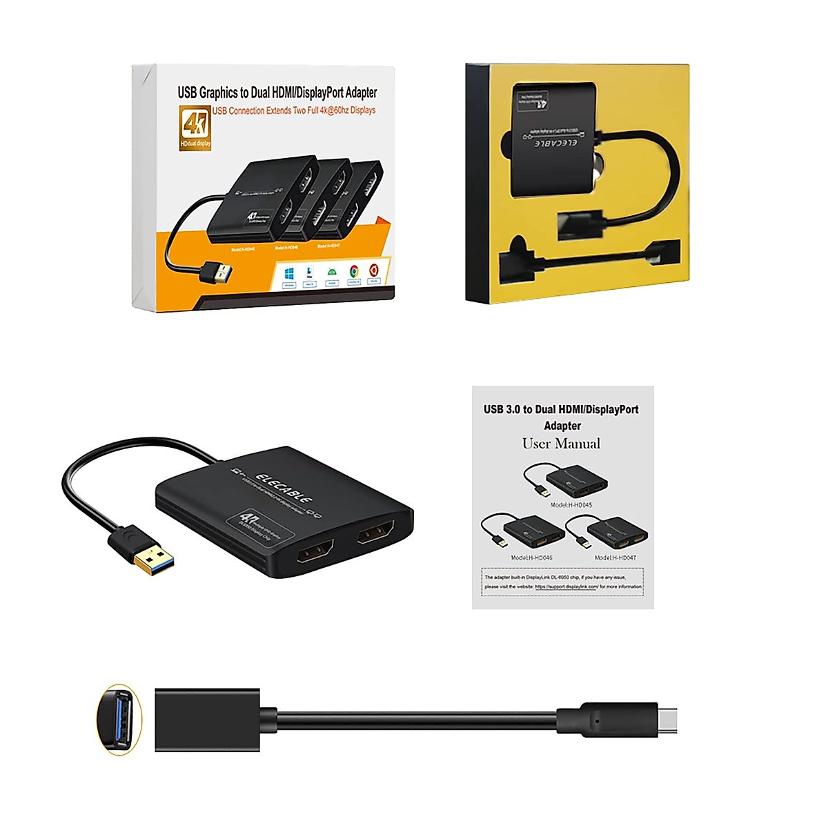USB 3.0 to Dual HDMI Adapter - 4K+4K 60Hz Ultra HD - Built-in DisplayLink DL6950 Chip - Extend Screen to Multiple Monitor TV Compatible with Windows,Mac OS,Android,Chrome OS,Ubuntu(HDMI+HDMI)