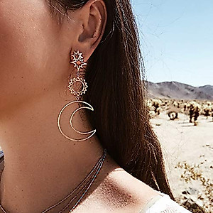 Bohemian Hollow Sun Moon Stars Asymmetric Big Drop Dangle Earrings for Women Jewelry-Gold