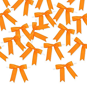 Meseey 50 Pcs 3 Inches Twist Tie Satin Ribbon Bows Orange Pretied Premade Craft Bows for Treat Bags Gift Wrapping Basket Wedding Baby Shower Brithday Christmas Party (3", Orange)