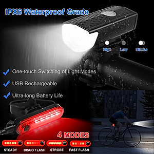 SODPE 8 Pack Bicycle Accessories, Bike Light Set USB Rechargeable, 1 Bike Water Bottle Holder, Bike Bag and 1 Bike Aluminum Bicycle Bell,Pump