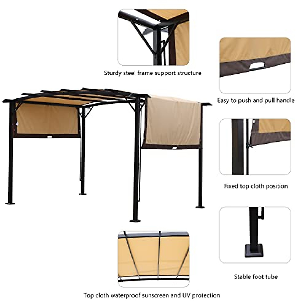 12’ X 9’ Outdoor Retractable Pergola Canopy, Steel Frame Grape Patio Gazebo, Backyard Shade Shelter, for Garden Porch Yard BBQ Beach, Beige+Brown