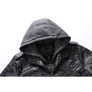 Maiyifu-GJ Men's Camo Faux Leather Jacket Winter Warm Moto Jacket with Removable Hood Pu Motorcycle Bomber Jackets Outwear (Grey,Large)