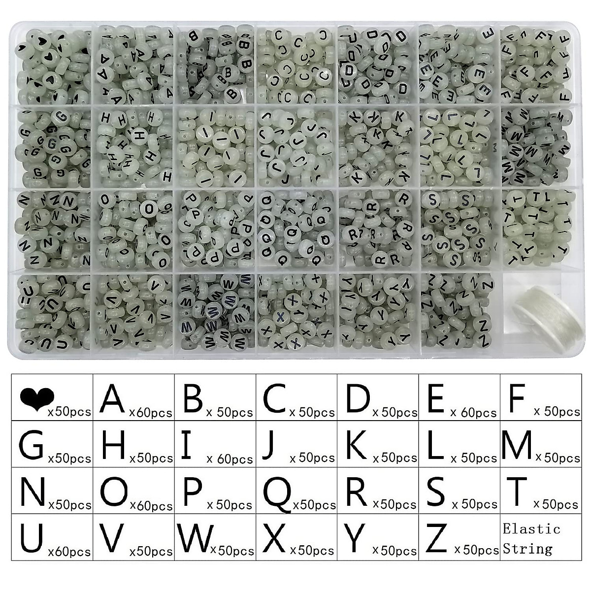 Amaney 1400 Pieces 4x7mm Round Acrylic with White Alphabet Letter Beads A-Z Heart Beads and Crystal Line for Jewelry Making Glow in The Dark