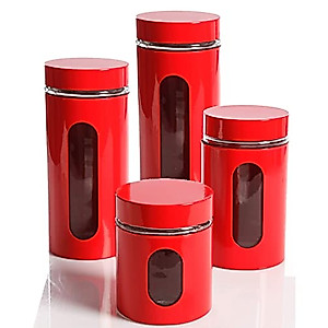 Quality Modern Red Stainless Steel Canister Set for Kitchen Counter with Glass Window & Airtight Lid - Food Storage Containers with Lids Airtight - Pantry Storage and Organization Set