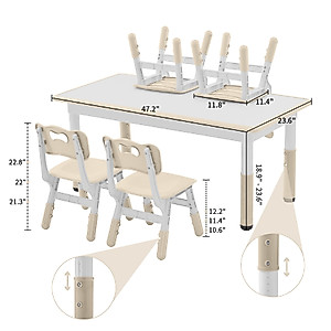 DOREROOM Toddler Table and Chairs Set for 4, 47.2''L x 23.6''W Kids Study Table and Chair Set, Height-Adjustable, Graffiti Desktop, Children Activity Table for Daycare, Classroom, Home