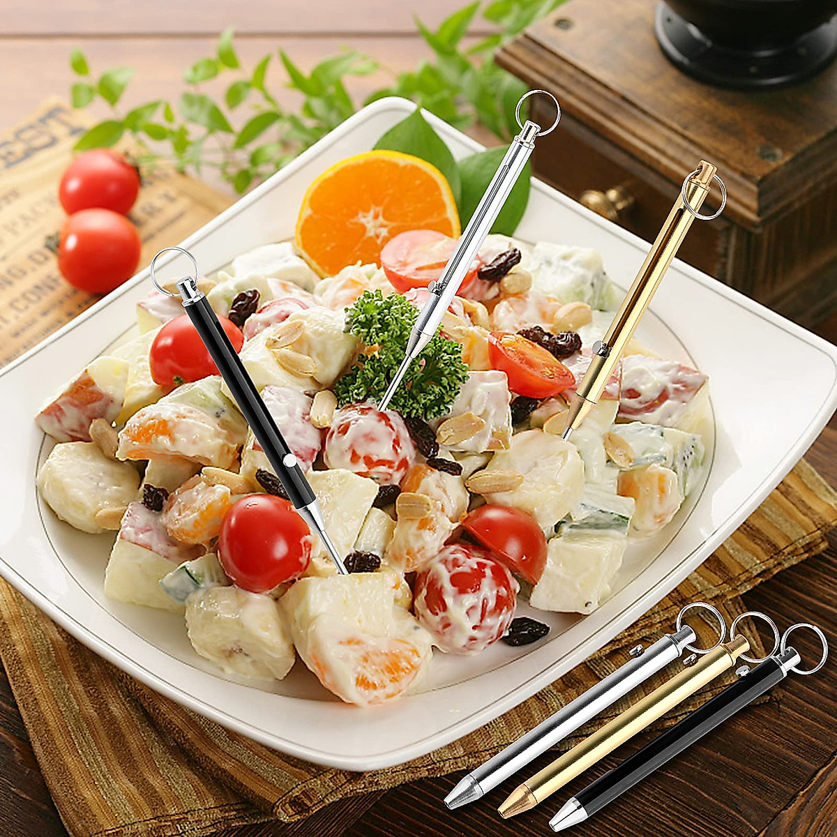 Geilihome 3PCS Portable Titanium Spring Toothpicks Metal Pocket Push-pull Toothpick Key Pendant for Outdoor Picnic Camping