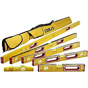 Stabila 78496 Type 196 Heavy Duty Complete 6 Level Kit - 78"/48"/32"/24"/16"/10” Die Cast Magnetic Torpedo Level Includes Nylon Carrying Case, Yellow