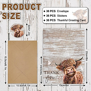 Whaline 36Pack Highland Cow Thank You Greeting Cards with Envelopes Stickers Wood Grain Farm Animal Blank Note Cards for Christmas Wedding Bridal Baby Shower Small Business Birthday Farmhouse Party