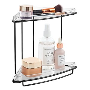 mDesign Steel/Plastic Freestanding Countertop Corner Shelf Organizer with 2-Tier Storage for Bathroom, Vanity, Cabinet, Counter - Holds Makeup, Bath Gel - Prism Collection - Clear/Matte Black