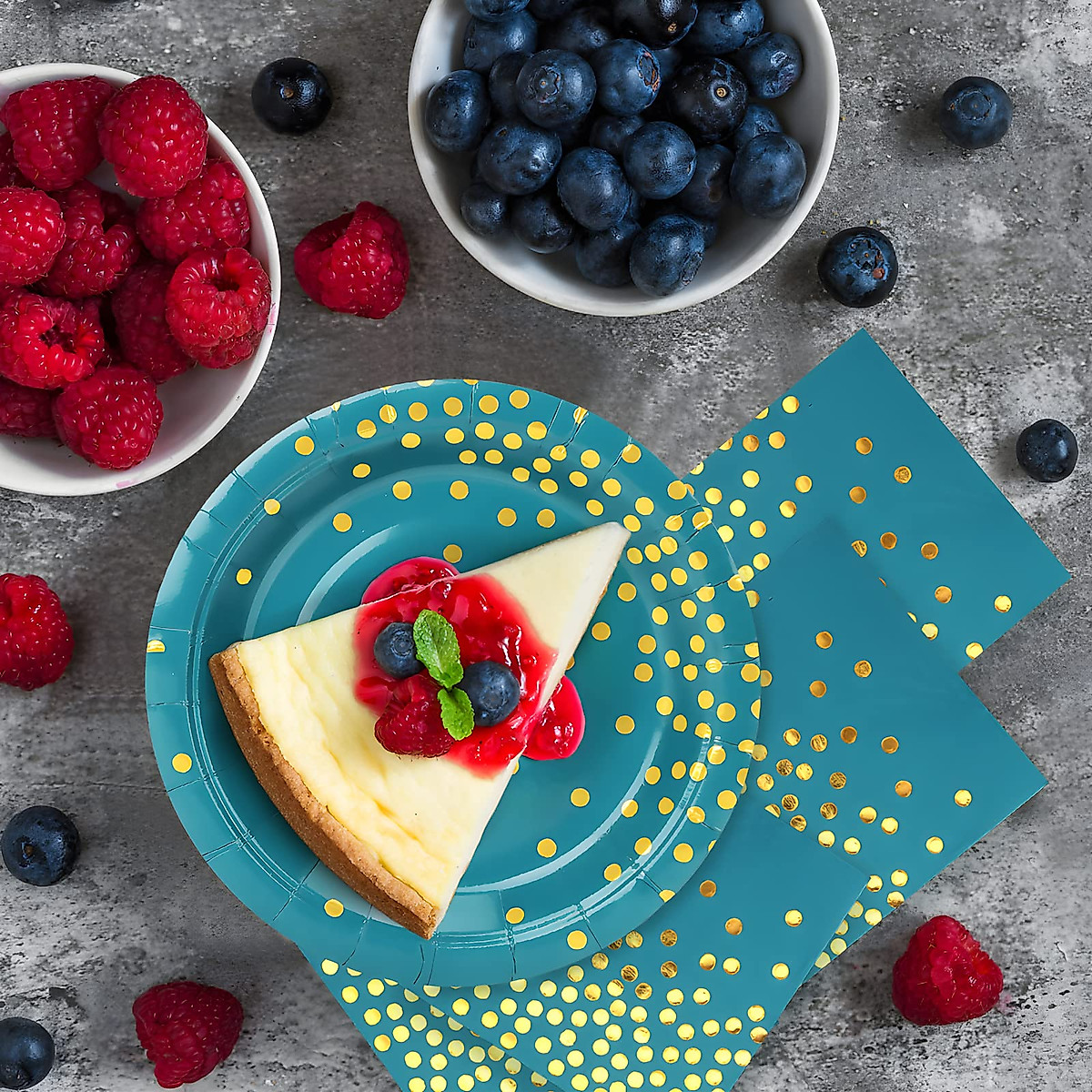 CENLBJ Blue Green Gold Paper Plates and Napkins - 25 x 7'' Dessert plates & 25 x 6.5'' Napkins,Green Paper Plates for Appetizers,Cakes,for Birthday,Father's Day,Independence(Serve 25)