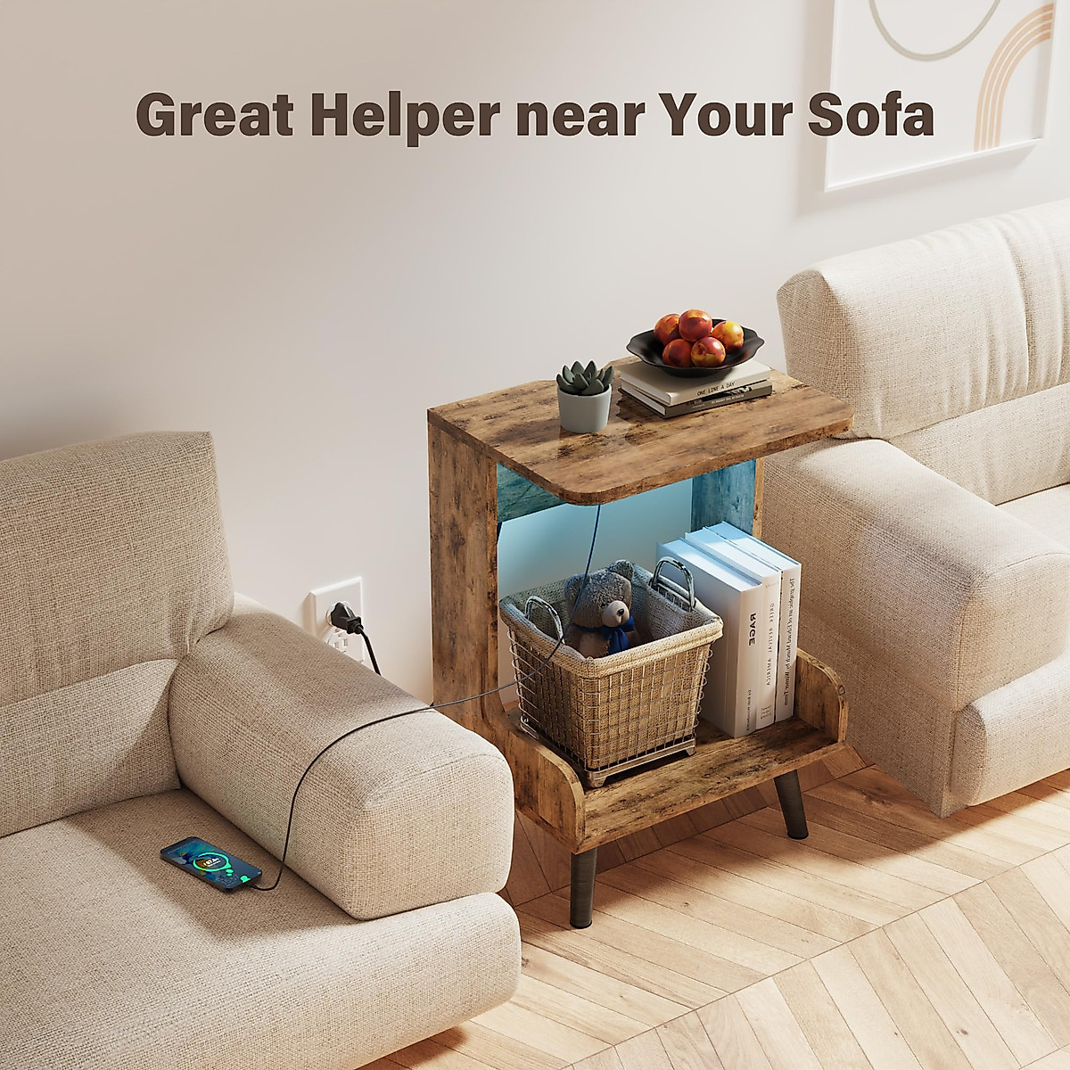 GYIIYUO Night Stands Set of 2 with Charging Station and Led Lights, Solid Wood Side Table with USB Ports and Outlets, Unique End Tables, for Bedroom, Rustic Brown