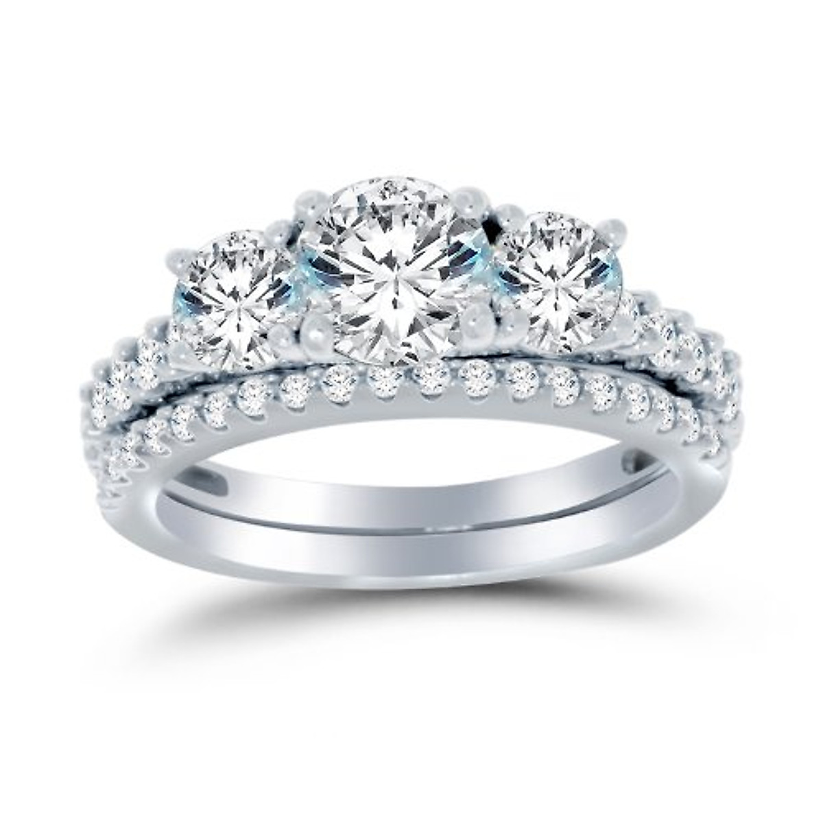 Solid 14k White Gold CZ Cubic Zirconia 3 Three Stone Bridal Engagement Ring w/Matching Wedding Band Two Ring Set - Round Brilliant Cut Solitaire with Round Side Stones (3.0cttw, 1.0ct. Center)