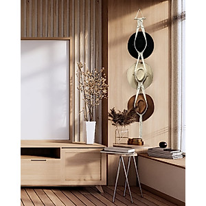 Gute Macrame Hat Hangers, Boho Hats Rack for for Wall Hanging, Black White Woven Women Hat Holder Organizer for Wide Brim and Fedoras Sun Hat Cowboy Hat Display(White,3 Hat Style)