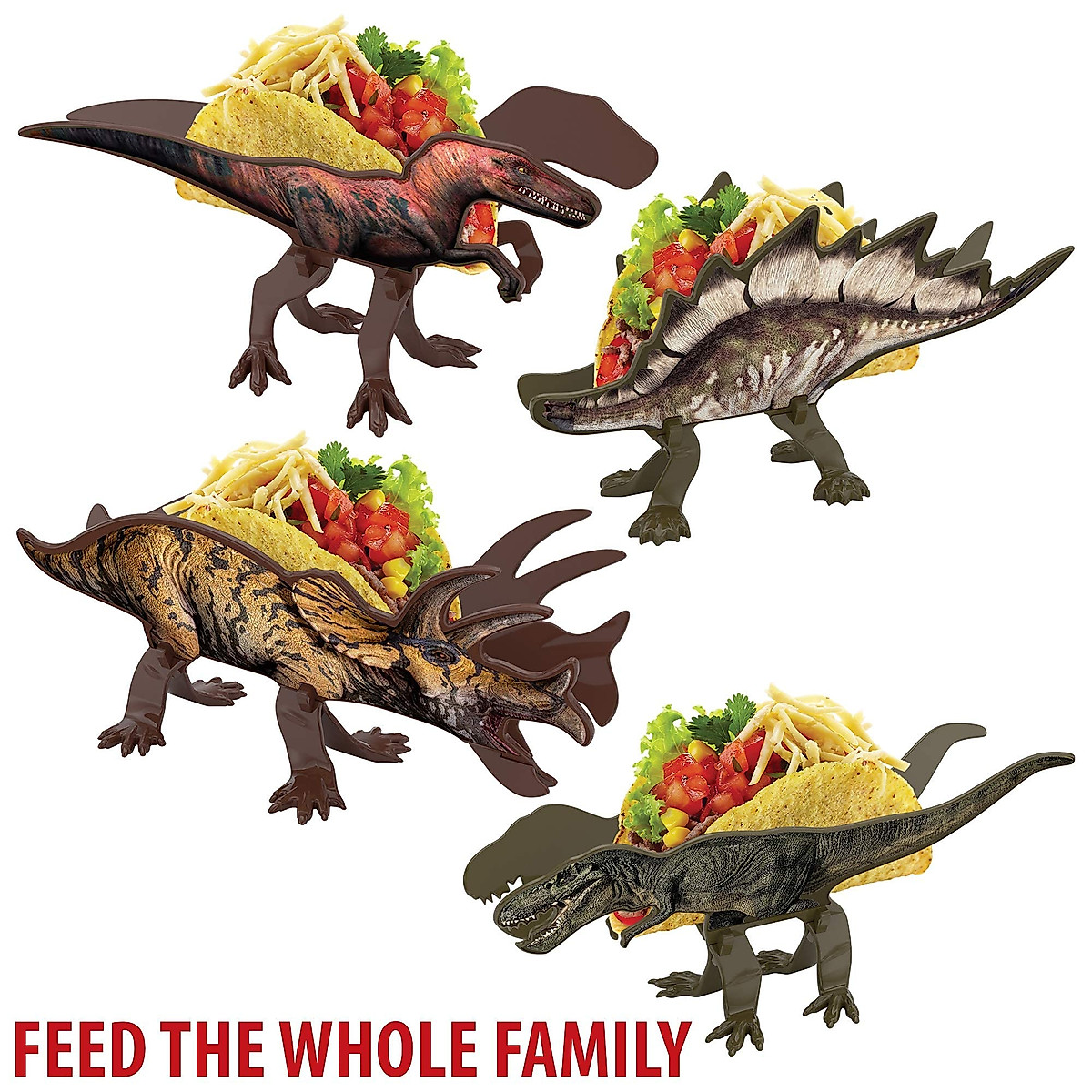 Dinosaur Taco Holders - T-Rex Premium Novelty Taco Stand and Set of 4 Dino Flat Fold Stands