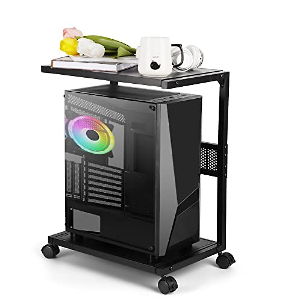 Liitrton PC Stand Iron Computer Tower Stand 2-Tier CPU Stand with Locking Caster Wheels for Office Home Fits Most PC (Iron-Black)