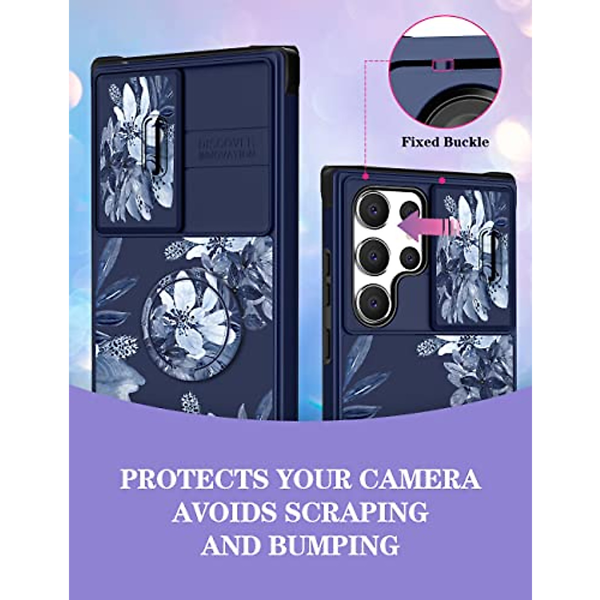 Goocrux (2in1 for Samsung Galaxy S23 Ultra Case Floral for Women Girls Flowers Girly Phone Cover Cute Flower Design with Slide Camera Cover+Ring Holder Blue Plants Cases for S23 Ultra 5G 2023 6.8''