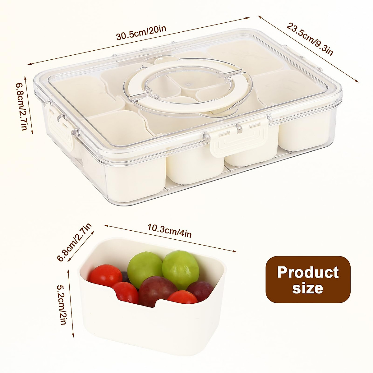 Eletional Divided Serving Tray with Lid and Handle - Snackle Box Charcuterie Platter, Clear Organizer for Candy, Fruits, Nuts, Snacks - Perfect for Party, Entertaining, 8 Compartments, White