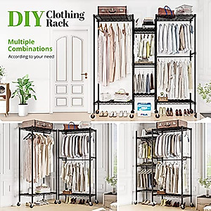 HOKEEPER Heavy Duty Rolling Wire Garment Rack with Rubber Wheels, Metal Clothing Rack for Hanging Clothes Freestanding Closet Organizer Portable Clothes Rack Wardrobe with 7 Shelves & 5 Hanging Rods