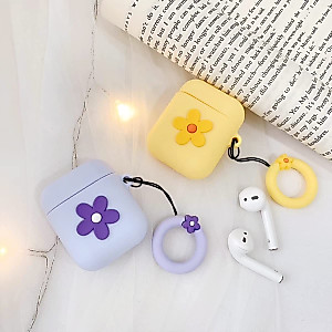 Ownest Compatible for AirPods Case Cute Cartoon Flower Pattern Girls Woman Soft Silicone Shockproof Keychain Design Cover for Airpods 1 &2-Green