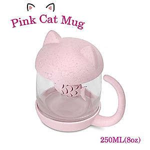 BigNoseDeer Cat Tea Cup Cute Tea Mug Glass Tea Pot with Fish Tea Infuser for Loose Leaf Tea (Pink 8oz)