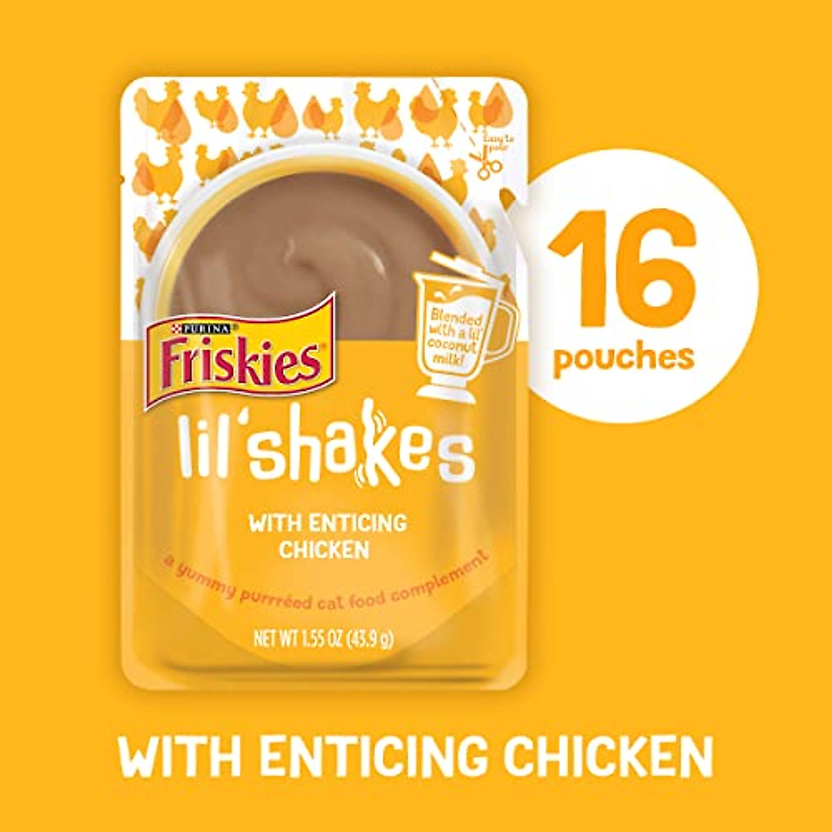 Purina Friskies Pureed Cat Food Topper, Lil’ Shakes With Enticing Chicken - (16) 1.55 oz. Pouches