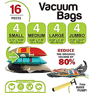 16 Pack Vacuum Storage Bags, Space Saver Bags (4 Jumbo/4 Large/4 Medium/4 Small) Vacuum Sealer Bags for Clothes Storage with Travel Hand Pump