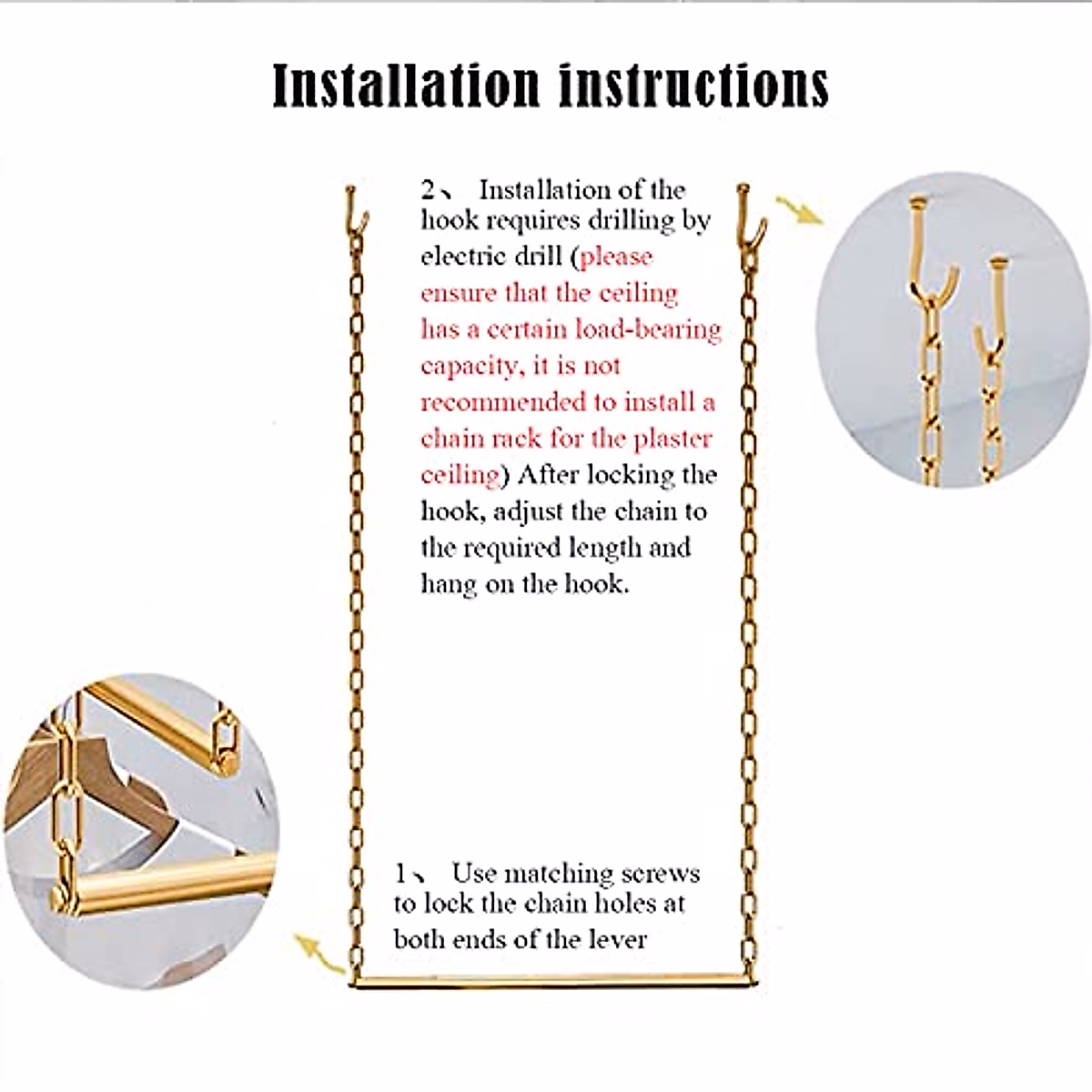 MDEPYCO 2 Pcs Height Adjustable Metal Chain Clothing Hanging Racks,Creative Commercial Wedding Dress Display Shelf,Retail Store Metal Garment Rack,Ceiling Mount Clothes Storage Hanger (Gold, 47.2" L)