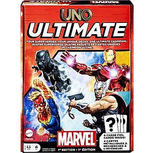 Mattel Games UNO Ultimate Marvel Card Game with 4 Collectible Foil Cards, Character-Themed Decks & Special Rules for Ages 7 Years & Older