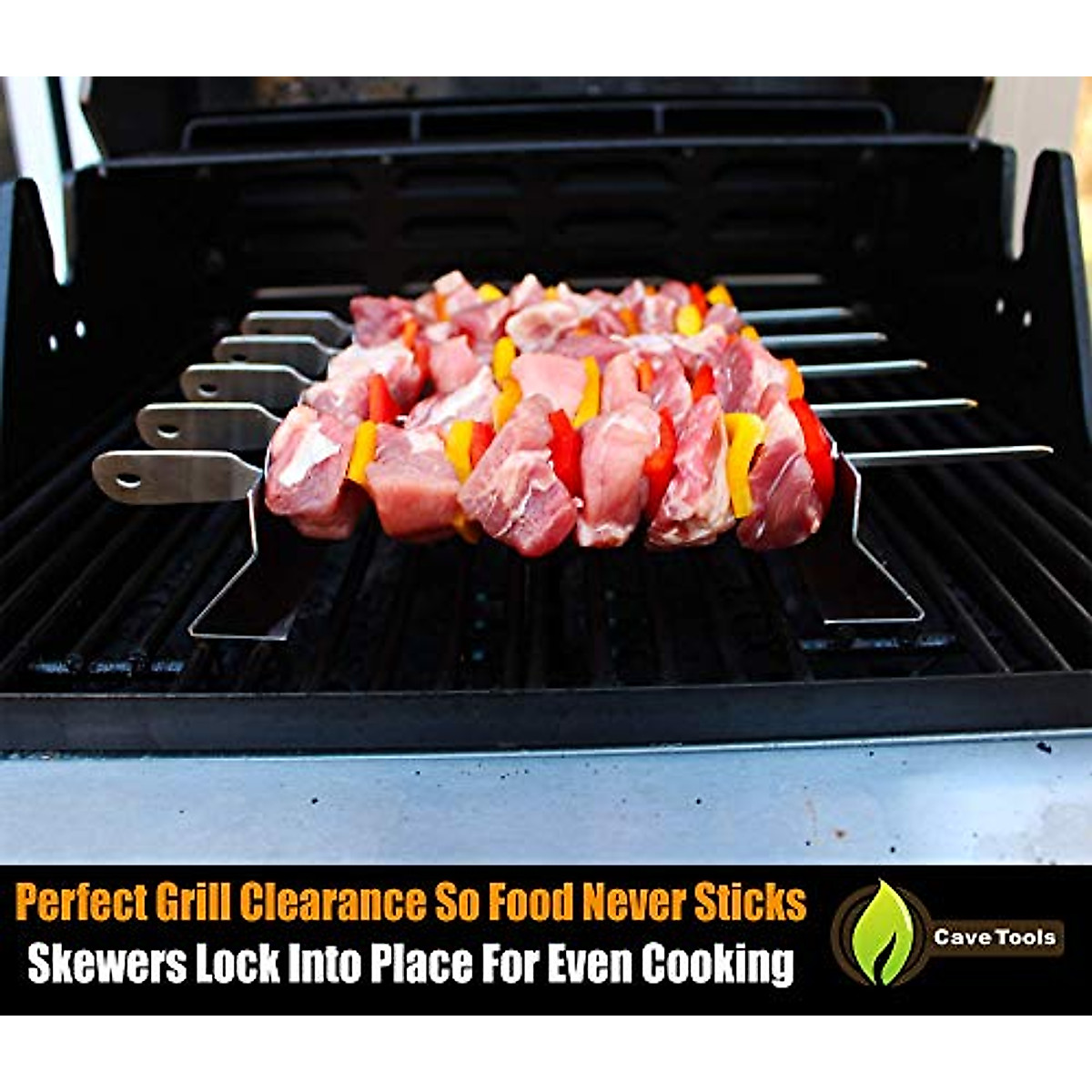 Cave Tools Kebob Rack For Shish Kebab Skewers - Stainless Steel Build Compatible with Wood, Round, Metal, Flat or Bamboo Skewers - BBQ Grilling Accessories