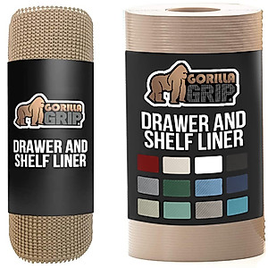 Gorilla Grip Drawer Liner and Ribbed Drawer Liner, Shelf Liner Size 12x20, Bathroom Storage Shelves, Ribbed Liner Size 17.5x20, Desk Storage, Both in Beige, 2 Item Bundle