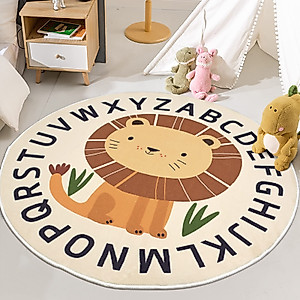 Lacomfy Kid Rugs Animal Play Rug 4Ft Large Round Lion Play Mat Soft Alphabet Educational Area Rug Nonslip Circle Baby Crawling Mat for Boys Girls Carpet for Kids Playroom Nursery, Sitting