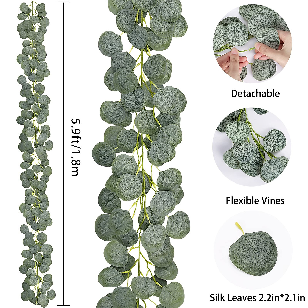 Whonline 8pcs 48ft Artificial Eucalyptus Garland, Silver Dollar Eucalyptus Leaves Vine, Faux Greenery Garland Bulk for Wedding Garland, Centerpieces for Tables, Home Decor, Arch Wall Decoration