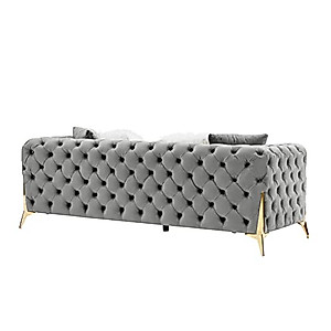 Melpomene Contemporary Velvet Upholstered Sofa Couch with Deep Button Tufting and Custom Gold Chrome Legs,Grey