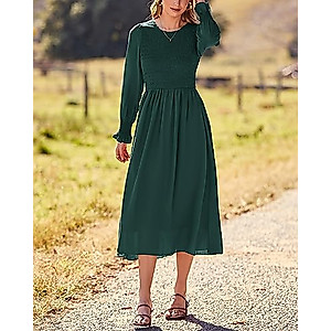 dowerme Women Casual Petal Long Sleeve Crewneck Smocked A-Line Flowy Solid Maxi Dress Fall Winter Party Cocktail Dresses(Solid Dark Green,Small)