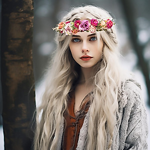 Vivivalue Rose Flower Crown Adjustable Flower Headband Hair Wreath Floral Headpiece Halo Boho with Ribbon Party Wedding