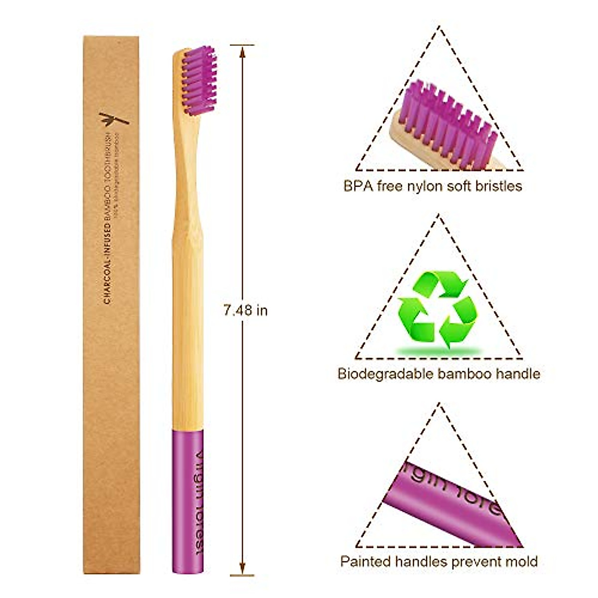 Virgin Forest 6 Pcs Biodegradable Bamboo Toothbrushes, Natural Eco-Friendly BPA-Free Toothbrushes, Best Travel Wood Toothbrush Set for Sensitive Gums