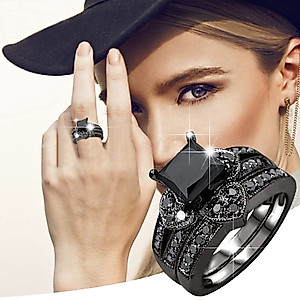 Couple Ring Bridal Sets Black Square Cubic Zirconia Promise Ring Set Gold Plated Titanium Wedding Ring Band Set Cut Diamond Anniversary Wedding Gifts for His and Hers