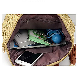 QTKJ Women Summer Straw Beach Bag Handwoven Big Tote Leather Shoulder Bag Handbag with Beaded Tassel Decorate (Khaki)