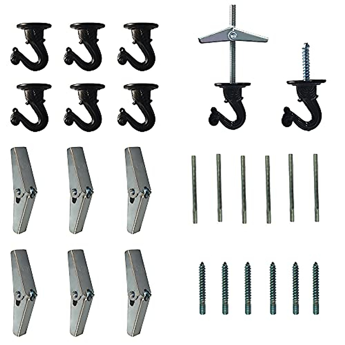 6 Sets Brass Ceiling Hook Metal Heavy Duty Swag Ceiling Hooks with Hardware and Toggle Wings for Hanging Plants, Wind Chimes， Chandeliers Ceiling Installation Cavity Wall Fixing (Black)