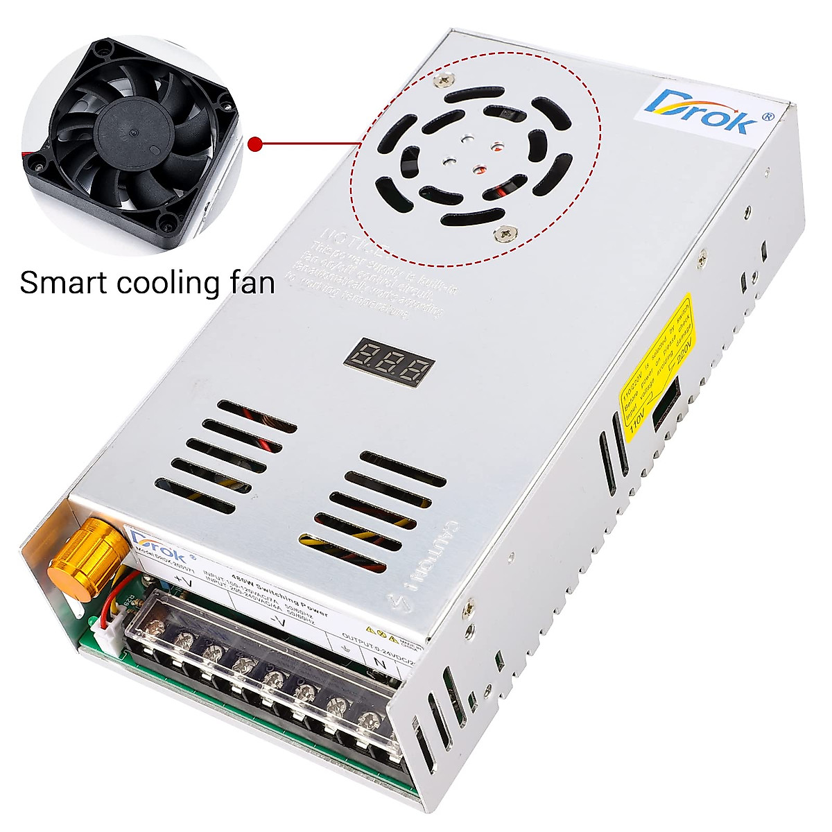 DROK 24V Power Supply, AC 110V/220V to DC 0-24V 20A 480W Buck Converter, Variable Adjustable Adapter Regulated 5V 12V 24V Volt Switching Voltage LED Transformer 20A Amp Charger for Computer Lab