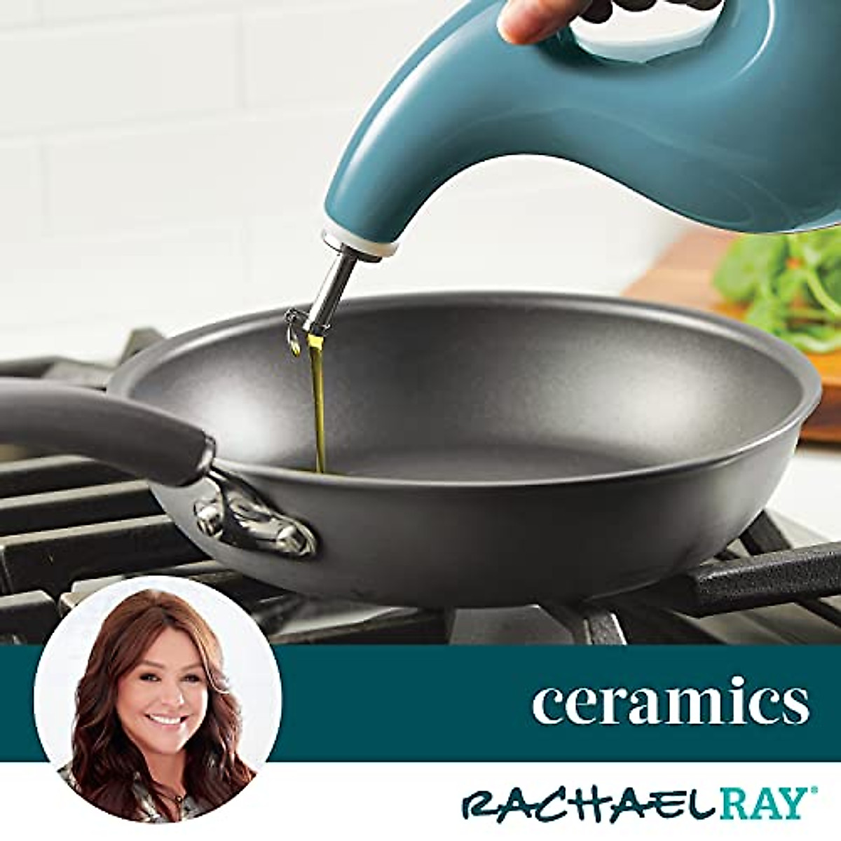 Rachael Ray 48467 Ceramic EVOO Oil and Vinegar Dispensing Bottle with Spout, 24 Ounce - Agave Blue